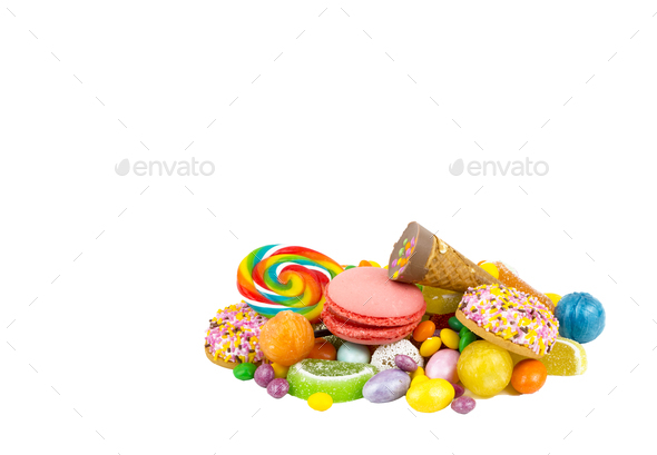 Colorful lollipops and different colored round candy. Top view. Stock ...