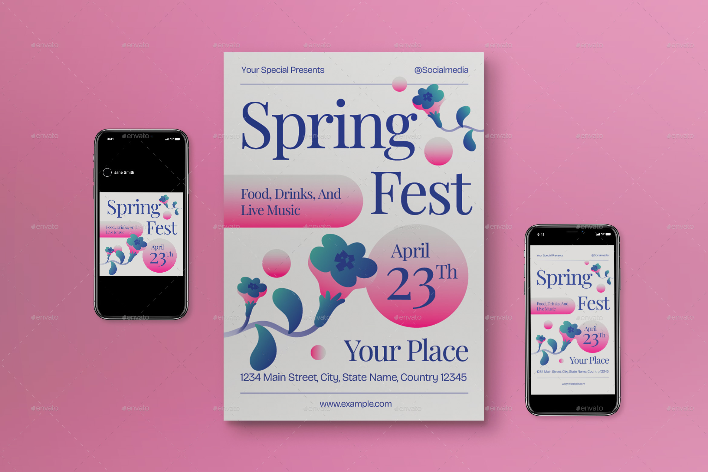Pink Modern Spring Fest Flyer Set, Print Templates | GraphicRiver