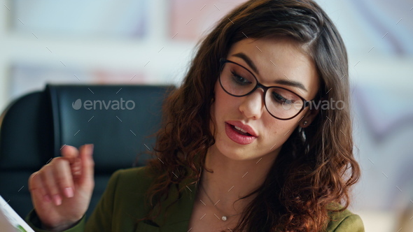 Smiling girl web designer talking online conference office close up ...