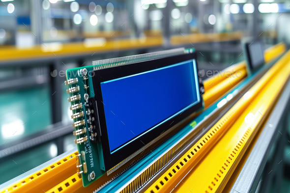 Many LCD displays on a table with microcircuits,microchips connecting ...