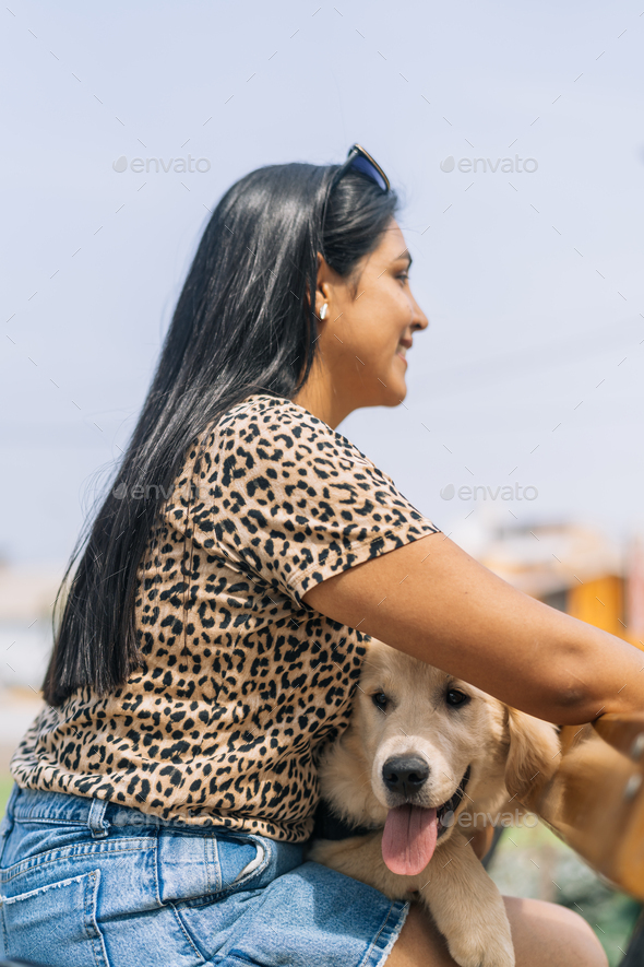 Cute puppy dog on the lap of its owner outdoors Stock Photo by GSR ...