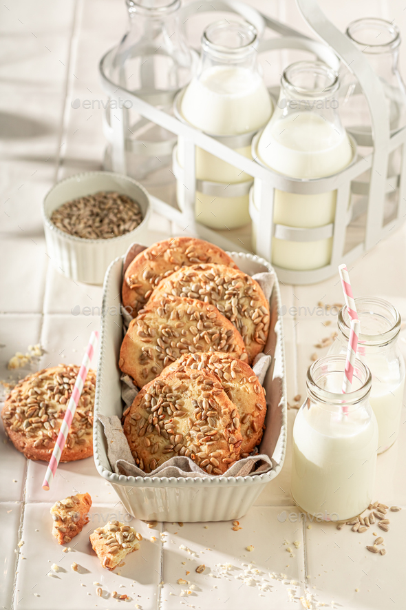 Crunchy sunflower seed cookies as after school milky snack. Stock Photo ...