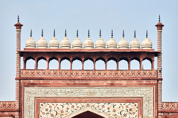 Taj Mahal entrance gateway close up view with Chhatri dome shaped ...