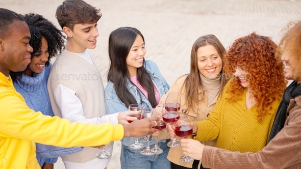 Multicultural young people toasting with wine Stock Photo by ivanmorenosl