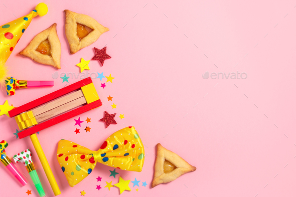 Purim carnival frame with traditional cookies, costume accessories and ...