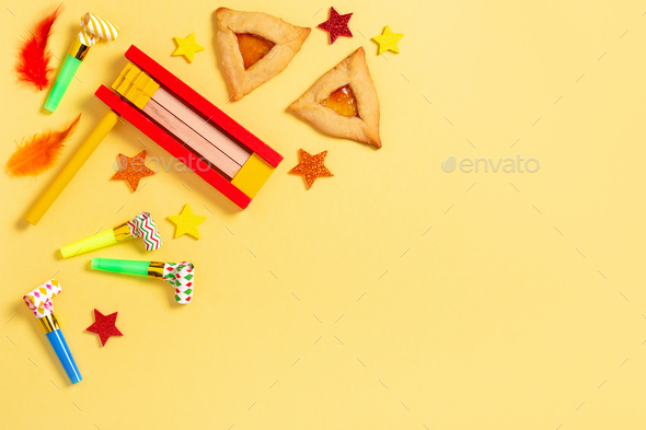 Purim carnival frame with traditional cookies, costume accessories and ...