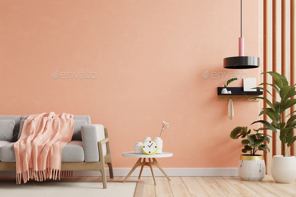 Modern living room. peach fuzz room have peach sofa with peach color ...