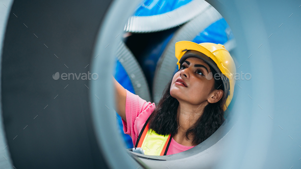 Portrait of industrial worker inspecting and check up machine at ...
