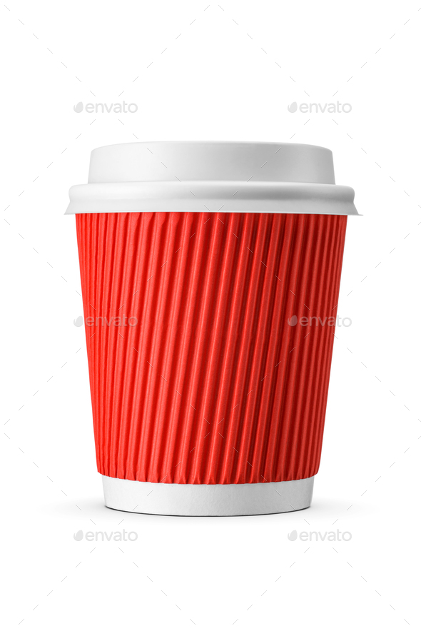 Red paper coffee cup with corrugated cardboard sleeve isolated on white ...