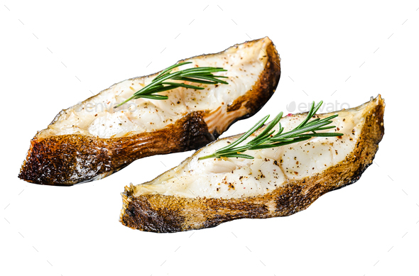 Baked halibut fish steak. Isolated on white background. Top view. Stock ...