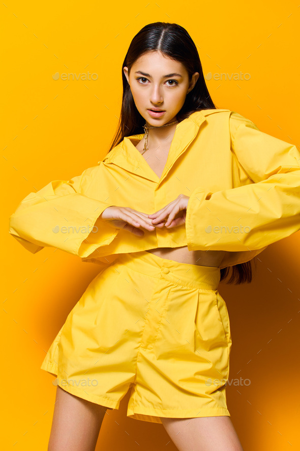 female woman beautiful girl young yellow attractive lifestyle model ...