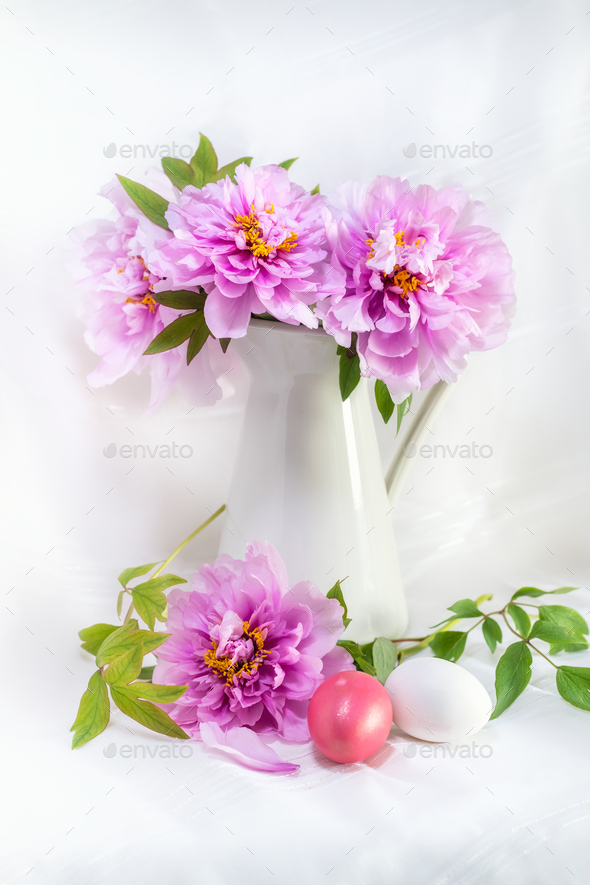 Easter still life with peonies and coloured eggs Stock Photo by Jasmina_K
