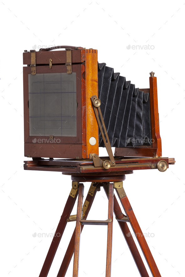 Antique bellows camera viewed from the back isolated on a white ...