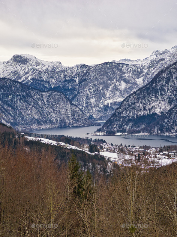 View over the wintry Lake Hallstatt and the Dachstein Stock Photo by ...