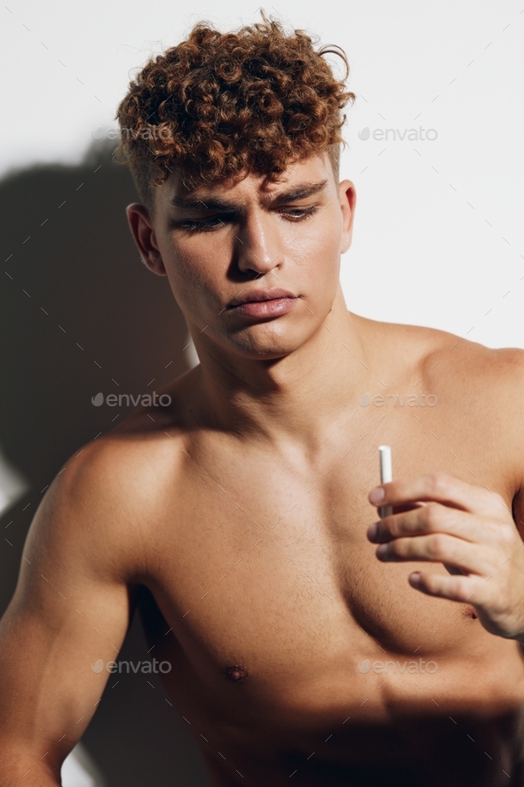 man gray background cigarette shirtless smoke male torso guy standing ...