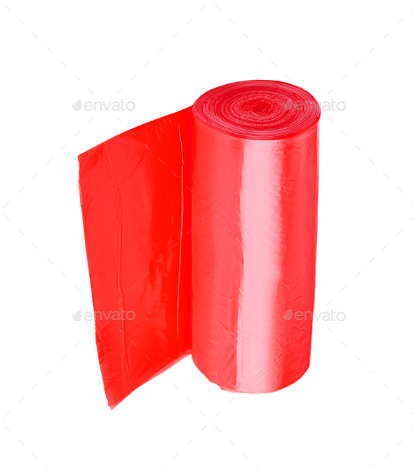 roll of red plastic garbage bags isolated on white background Stock ...
