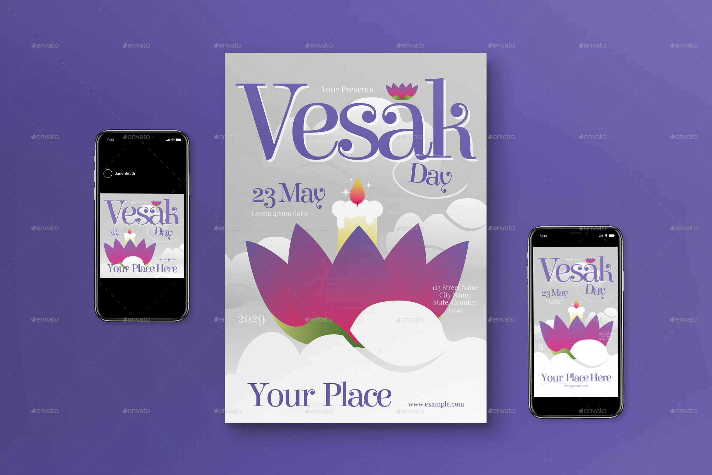 Gray Flat Design Vesak Day Flyer Set, Print Templates | GraphicRiver