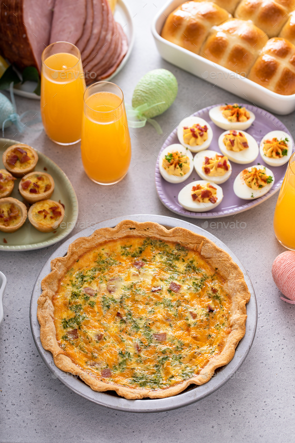Homemade ham and cheese quiche for Easter brunch Stock Photo by fahrwasser