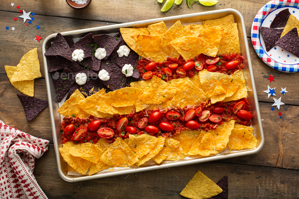 American flag nachos on a big tray with chips and salsa Stock Photo by ...