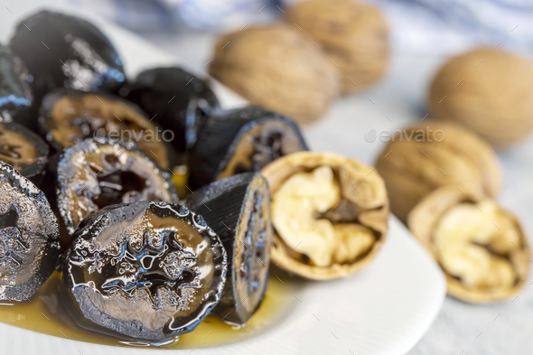 Handmade jam made from green fresh walnuts. Organic walnut jam. Ceviz ...