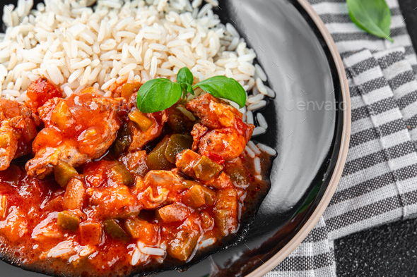 meat with rice chicken Basque tomato sauce tasty fresh eating cooking ...