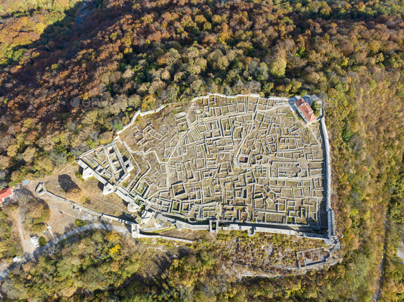 Aerial view from ancient castle fortress from 8th century on top of a ...