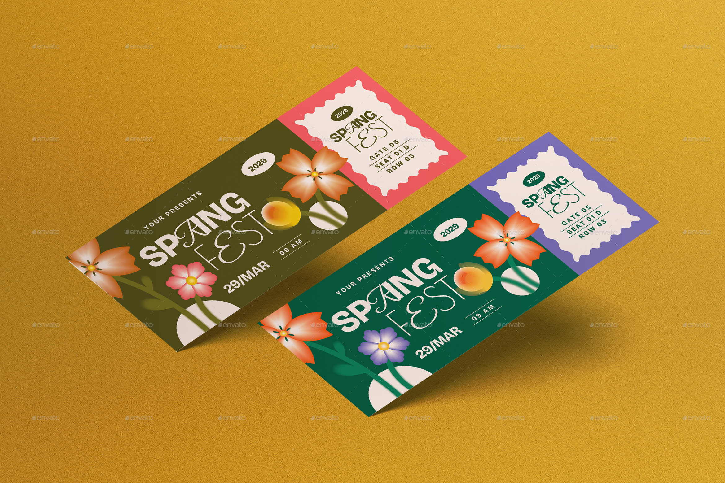 Green Geometric Spring Festival Ticket, Print Templates | GraphicRiver