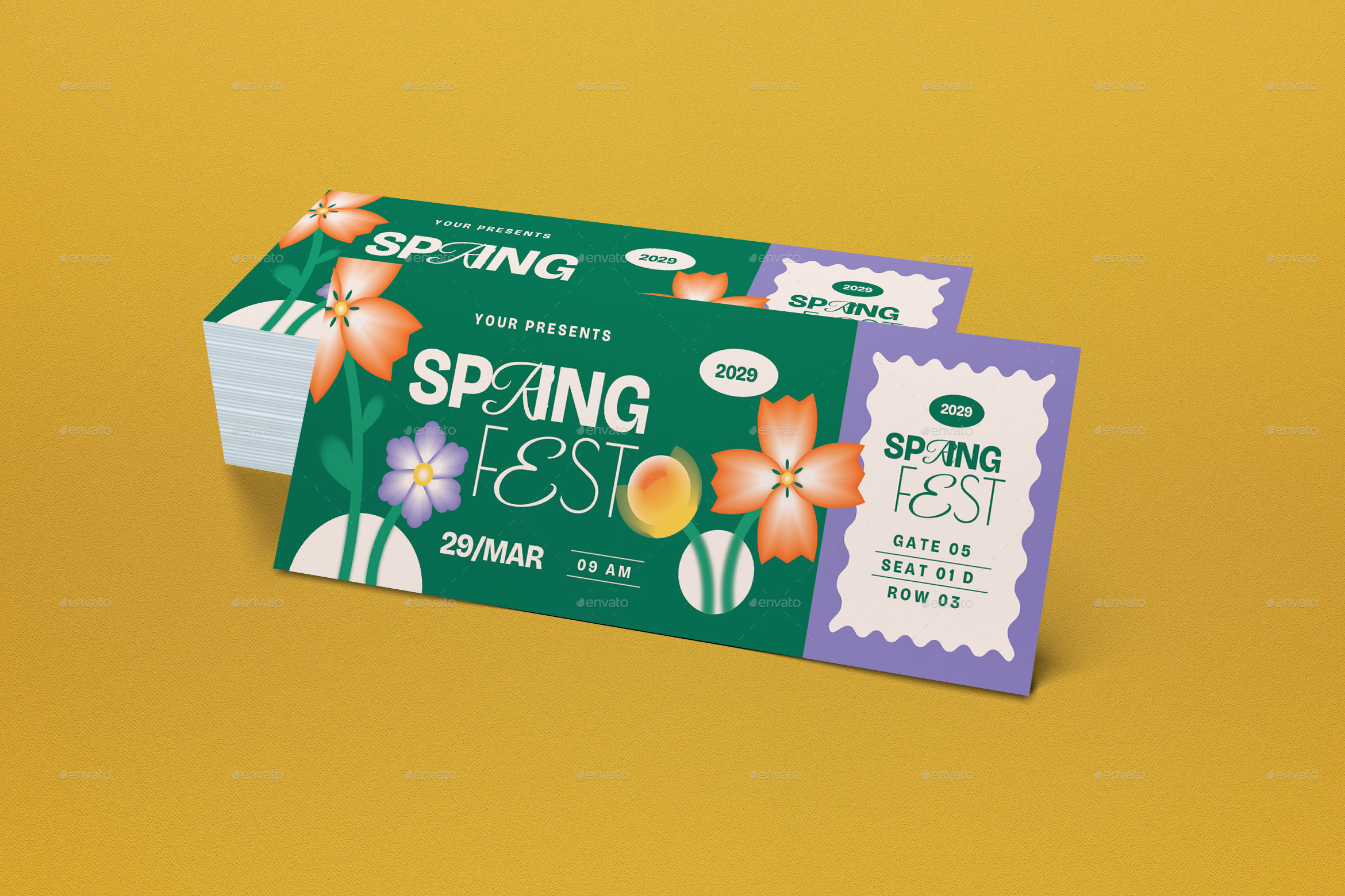 Green Geometric Spring Festival Ticket, Print Templates | GraphicRiver
