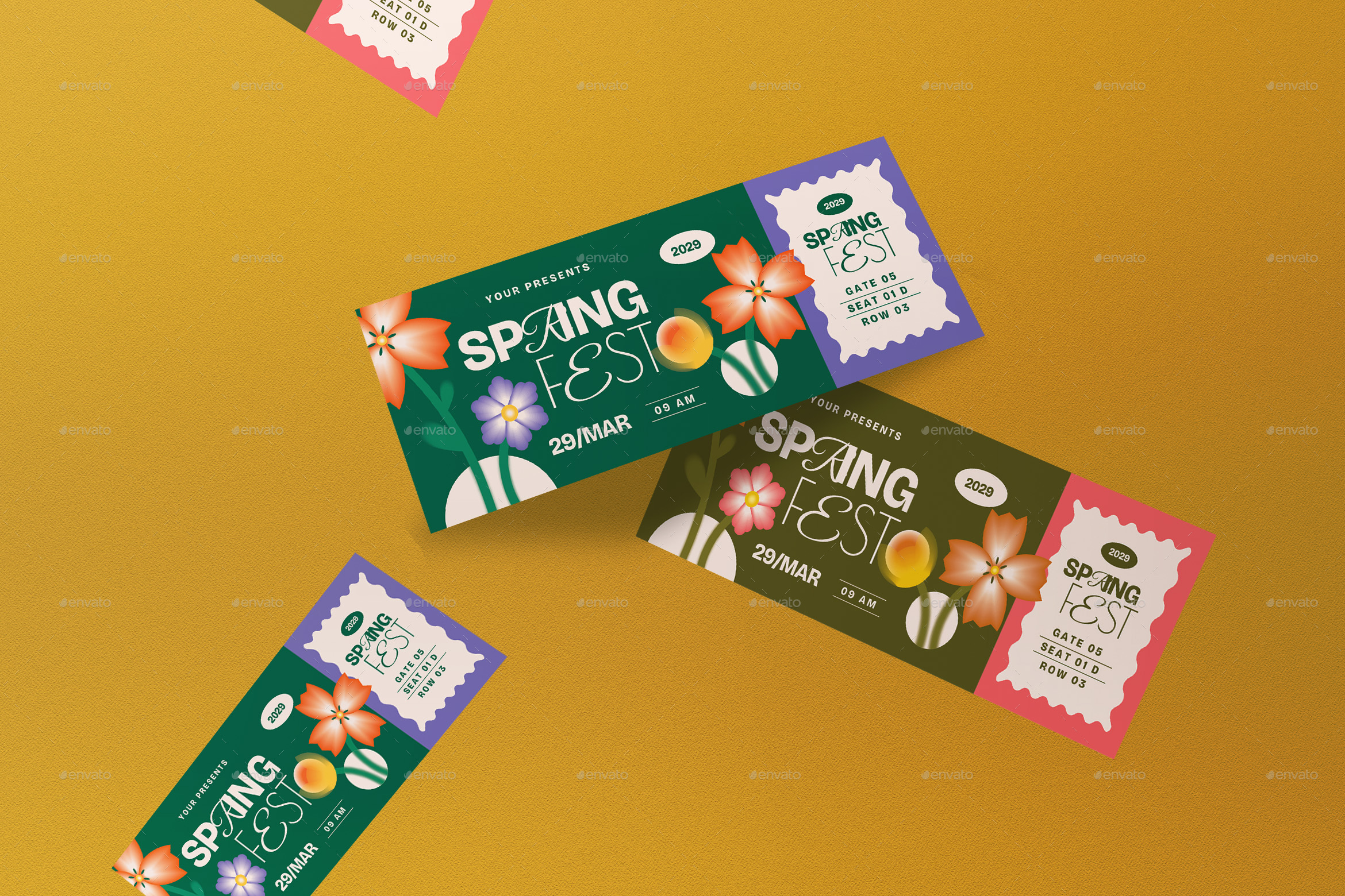 Green Geometric Spring Festival Ticket, Print Templates | GraphicRiver