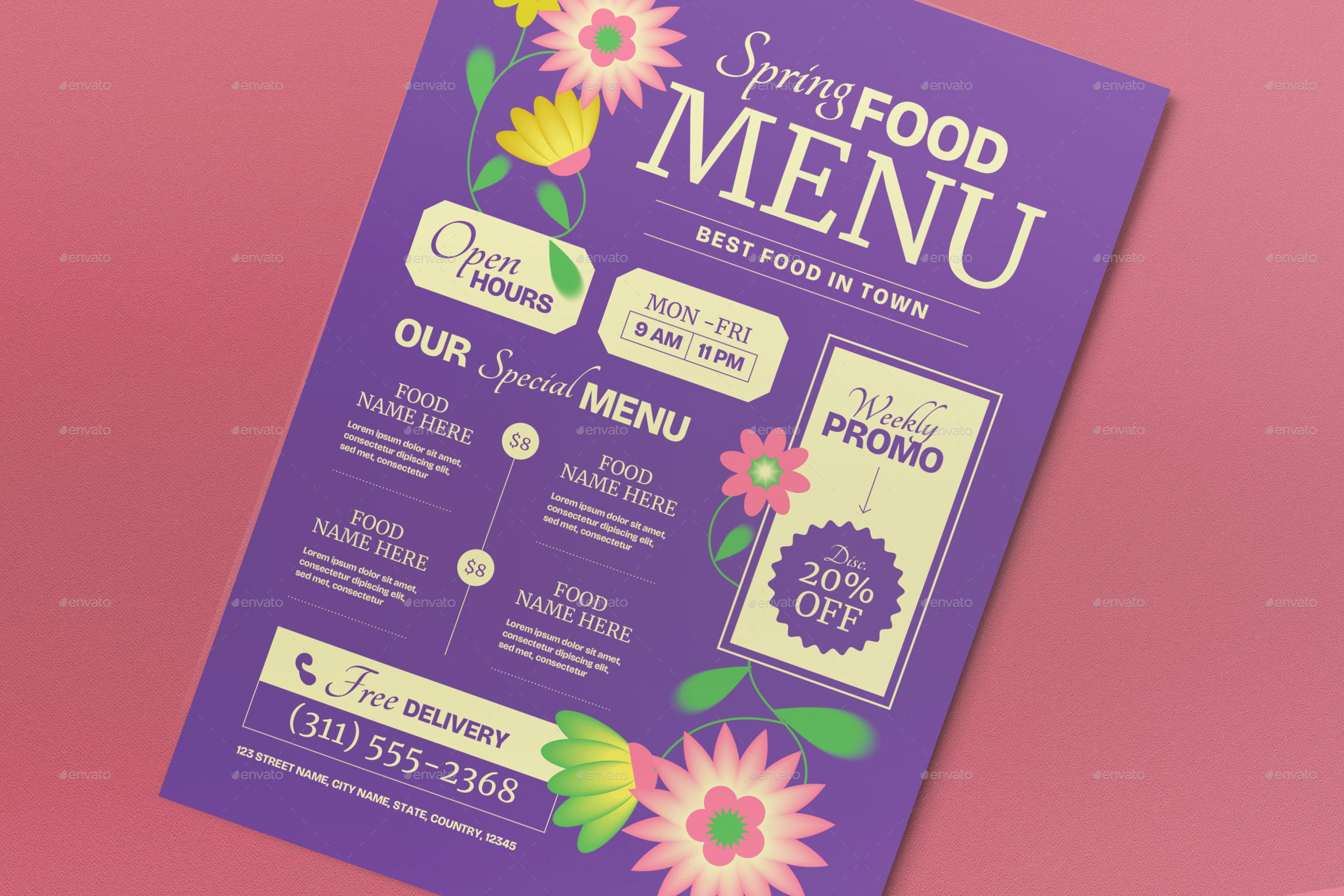 Purple Modern Spring Food Menu, Print Templates | GraphicRiver