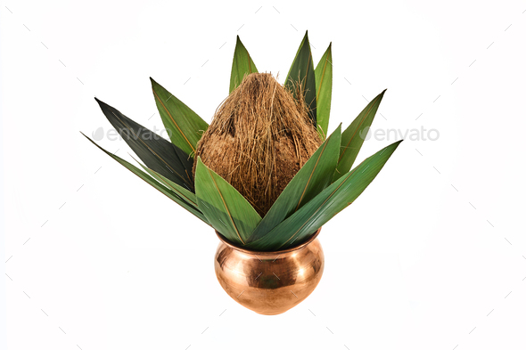 Traditional clay Kalash isolated on white. Hindu and Jain ritual ...