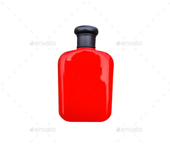 Red and black men's cologne glass bottle isolated on white background ...