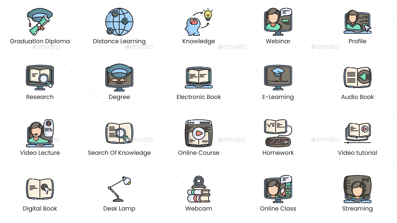 Online Learning Flat Outline Icons, Icons | GraphicRiver