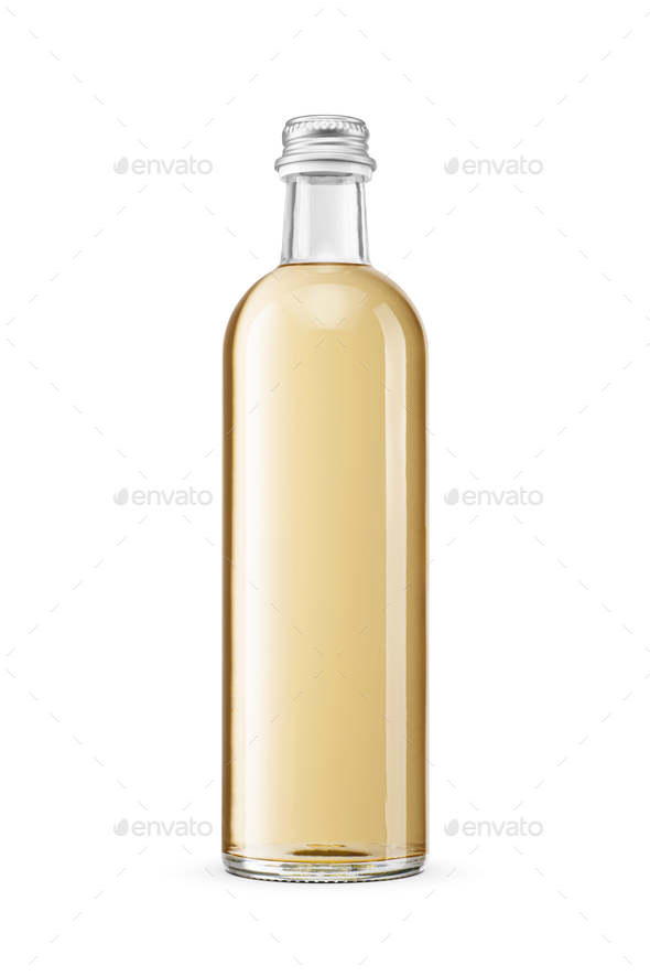 Glass transparent yellow soft drink bottle without label isolated on a ...