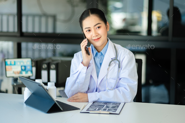 Woman doctor phone call, healthcare talking and medical service writing ...