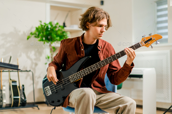 rock artist with electric guitar recording studio playing track musical ...