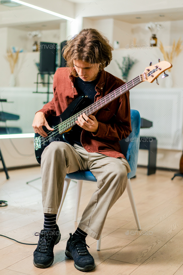 rock artist with electric guitar recording studio playing track musical ...