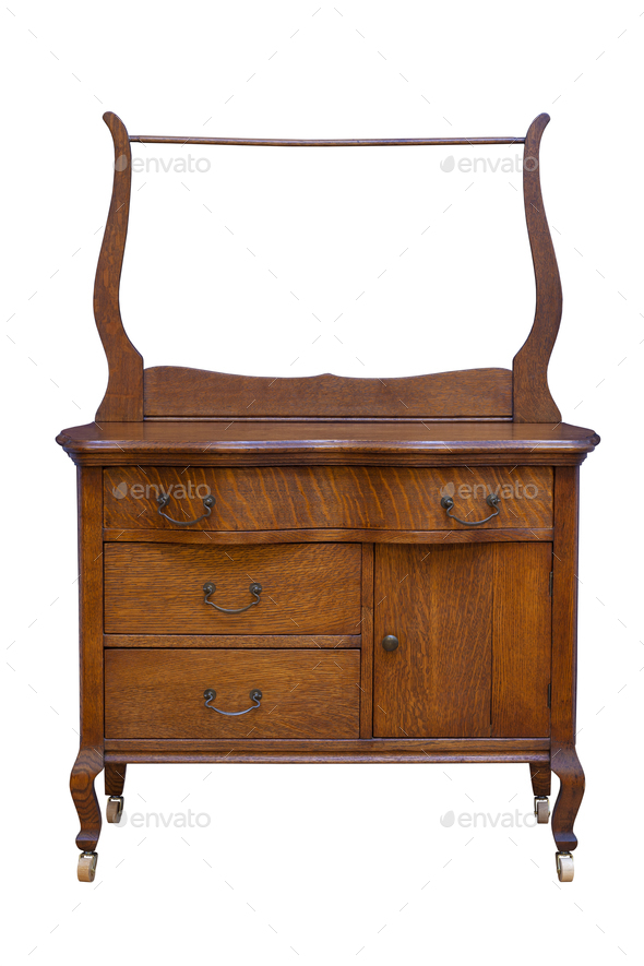 Antique wash stand table made of quarter sawn oak isolated on a white ...