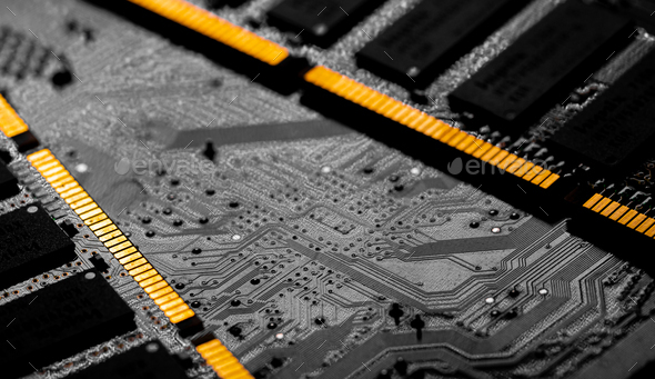 Macro Close up of computer RAM chip and motherboard Stock Photo by ...