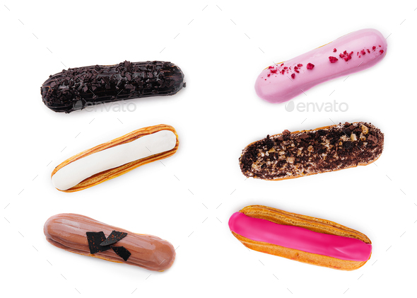 different types of French eclairs isolated on white Stock Photo by ...