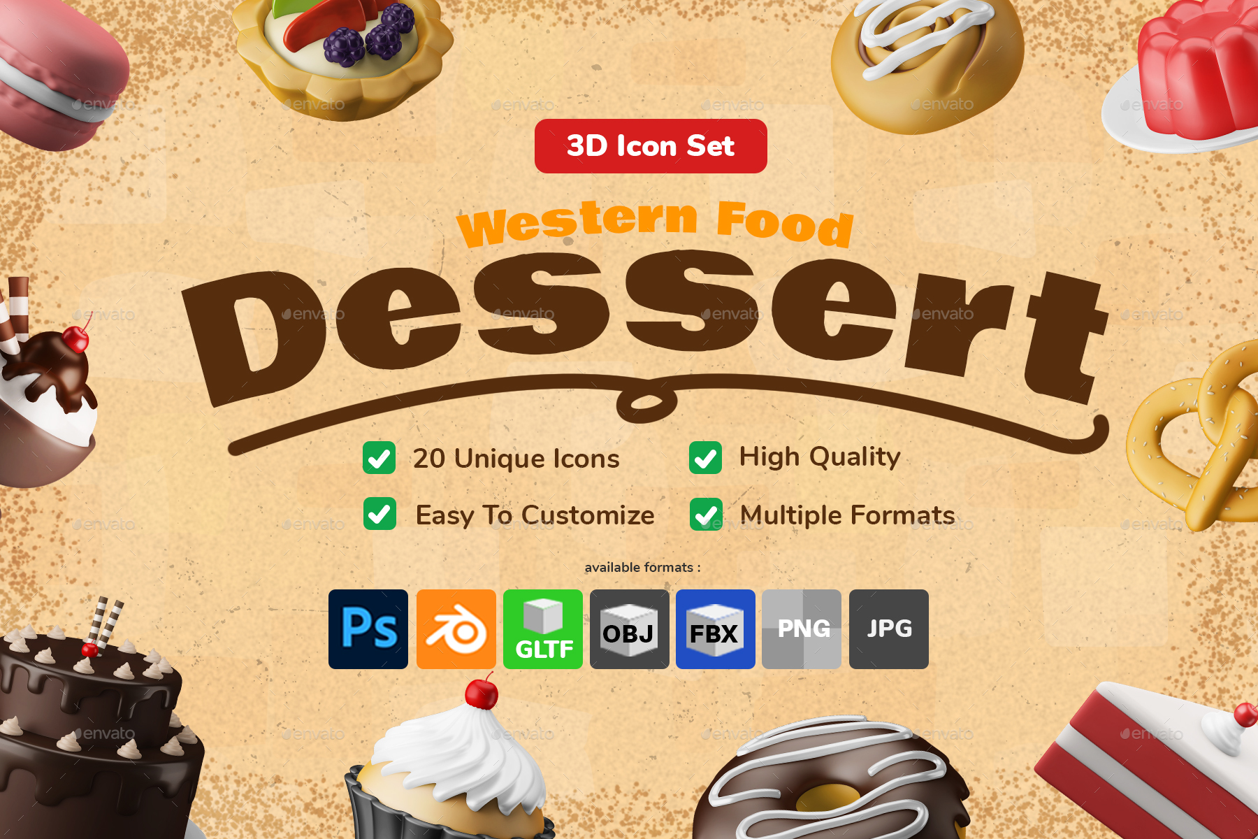 Western Dessert Food 3D Icon Illustration Set, Icons | GraphicRiver