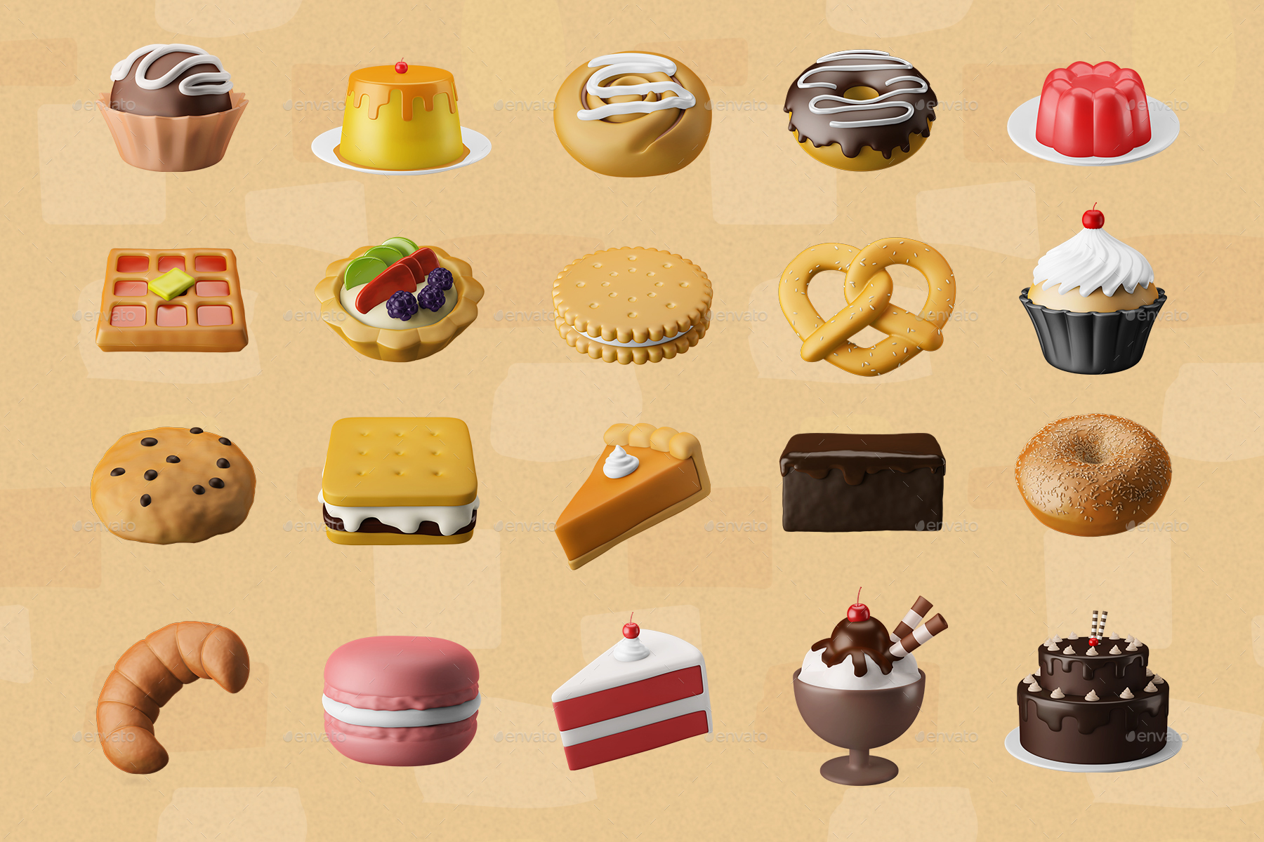 Western Dessert Food 3D Icon Illustration Set, Icons | GraphicRiver