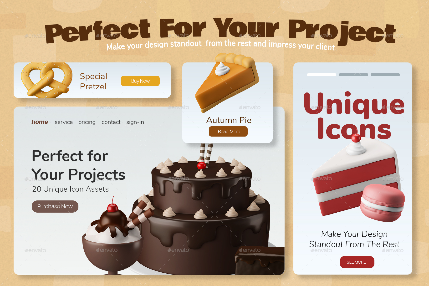 Western Dessert Food 3D Icon Illustration Set, Icons | GraphicRiver