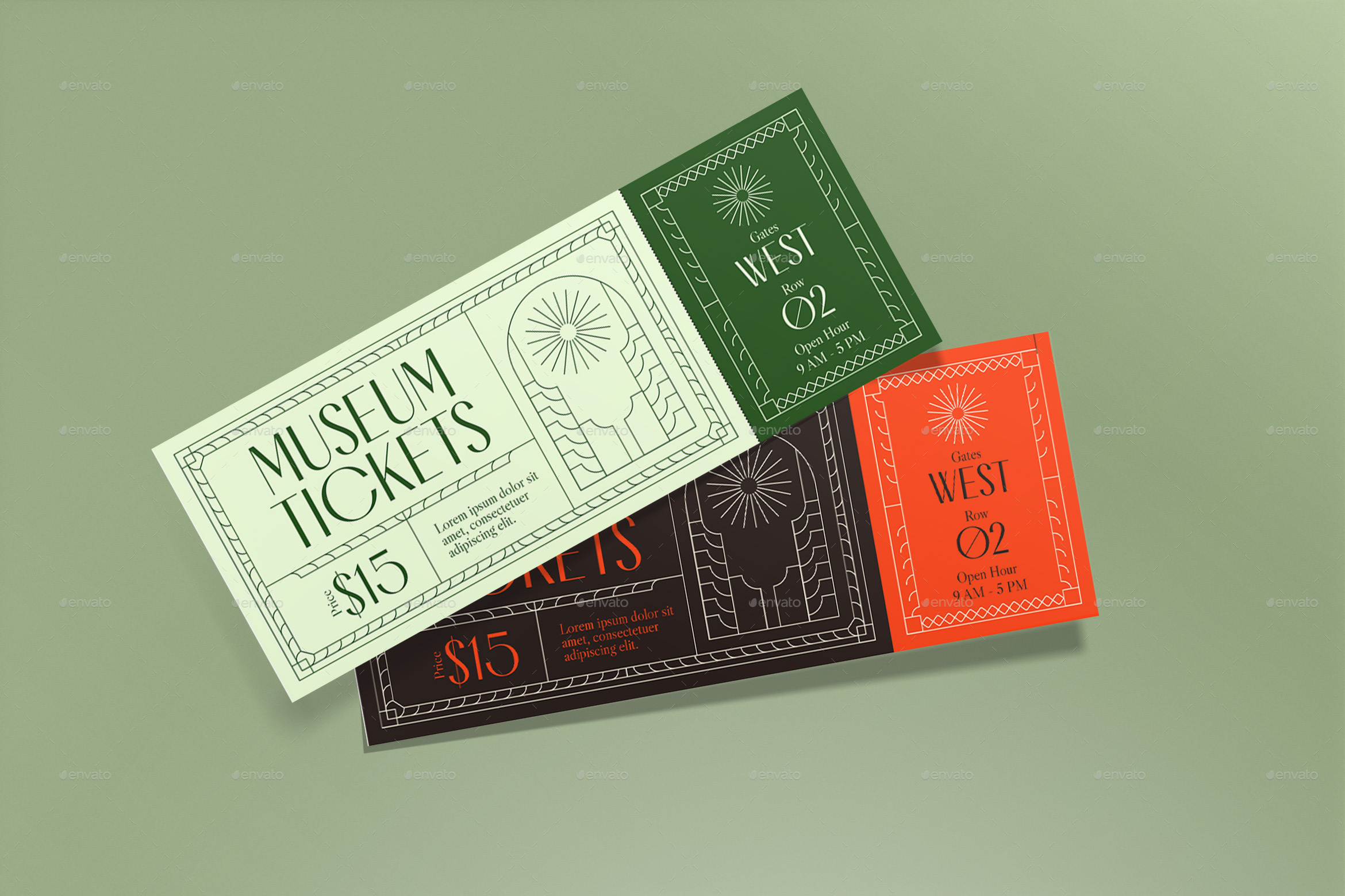Green and Brown Art Deco Museum Ticket, Print Templates | GraphicRiver