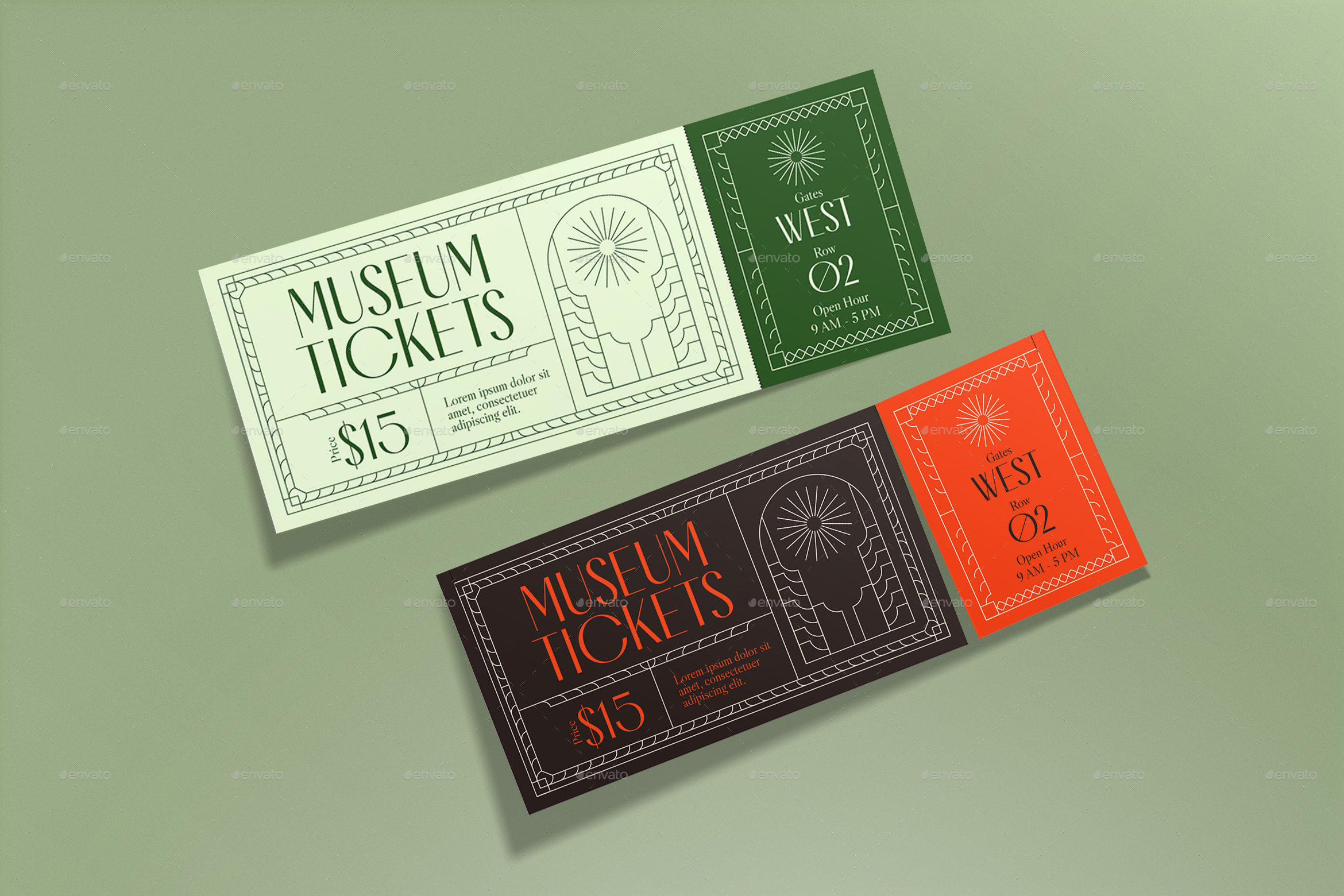 Green and Brown Art Deco Museum Ticket, Print Templates | GraphicRiver