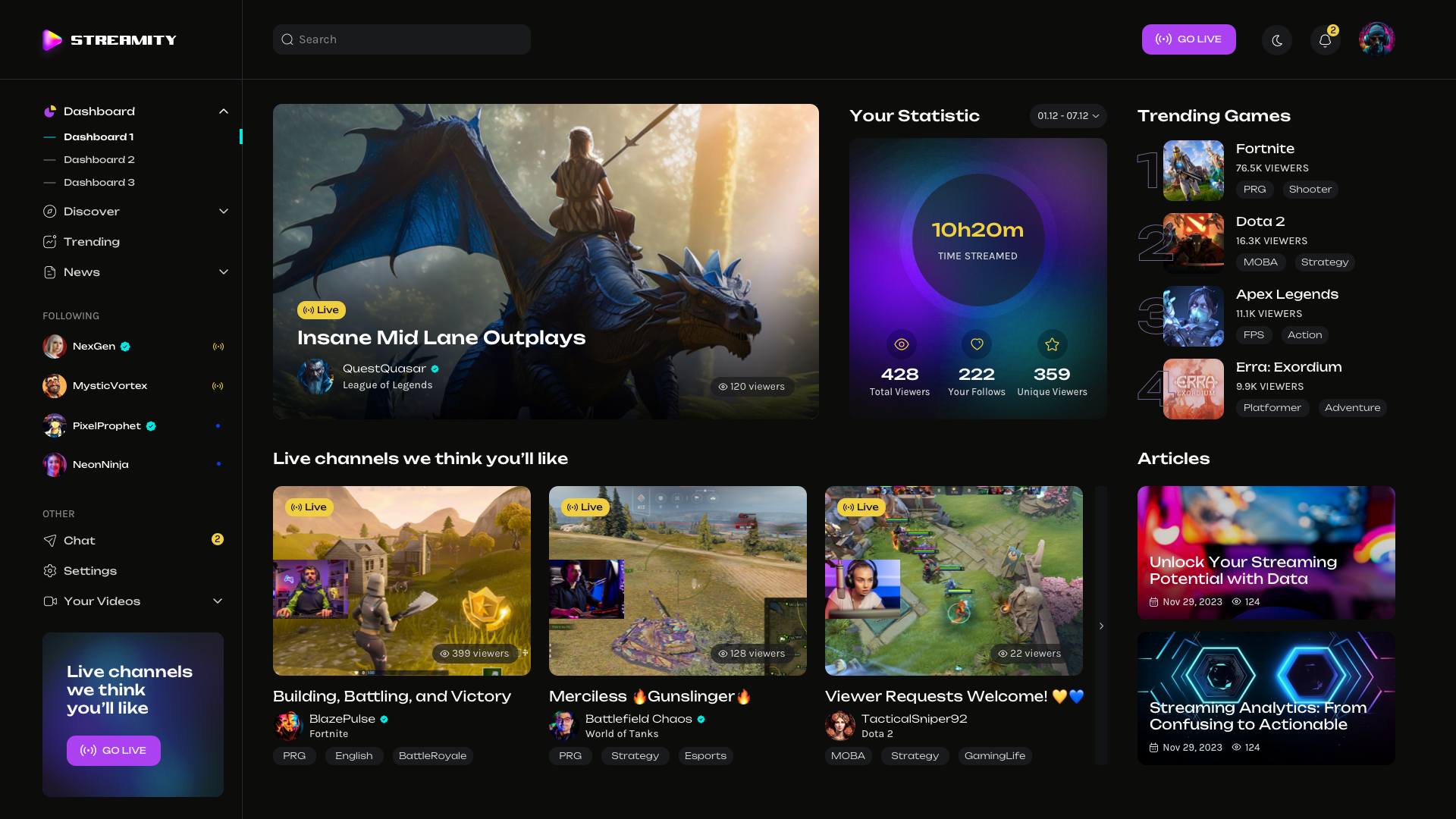 Streamity – Gaming and Streaming Dashboard UI for Adobe XD by merkulove