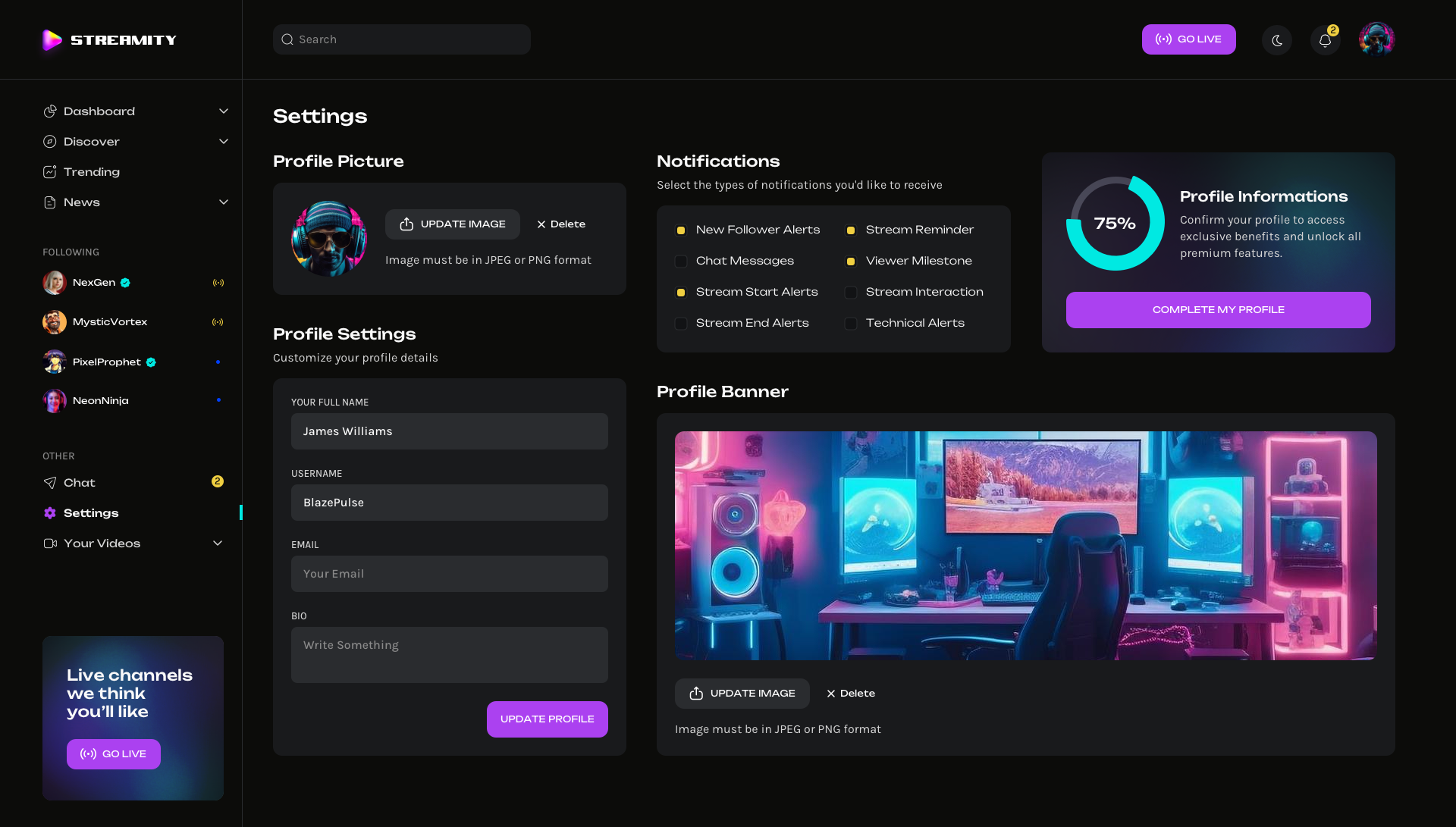 Streamity – Gaming and Streaming Dashboard UI for Adobe XD by merkulove