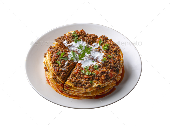 Turkish Food Kayseri Yaglama with Minced Meat, Yogurt and Tomato Paste ...