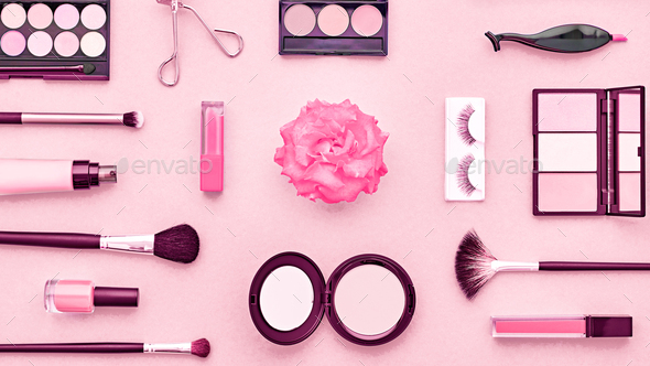 Beauty cosmetics makeup product flying geometry minimal. Woman make up ...