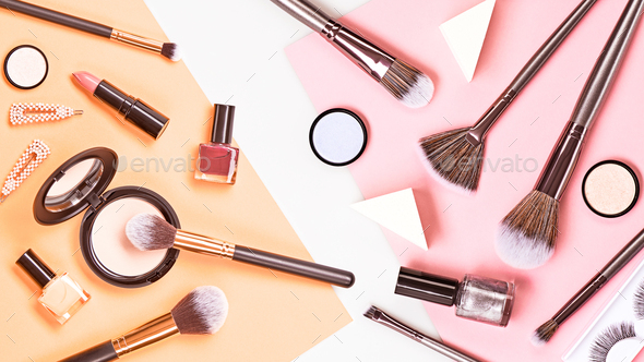 Beauty cosmetics makeup product flying in air cutout minimal. Woman ...